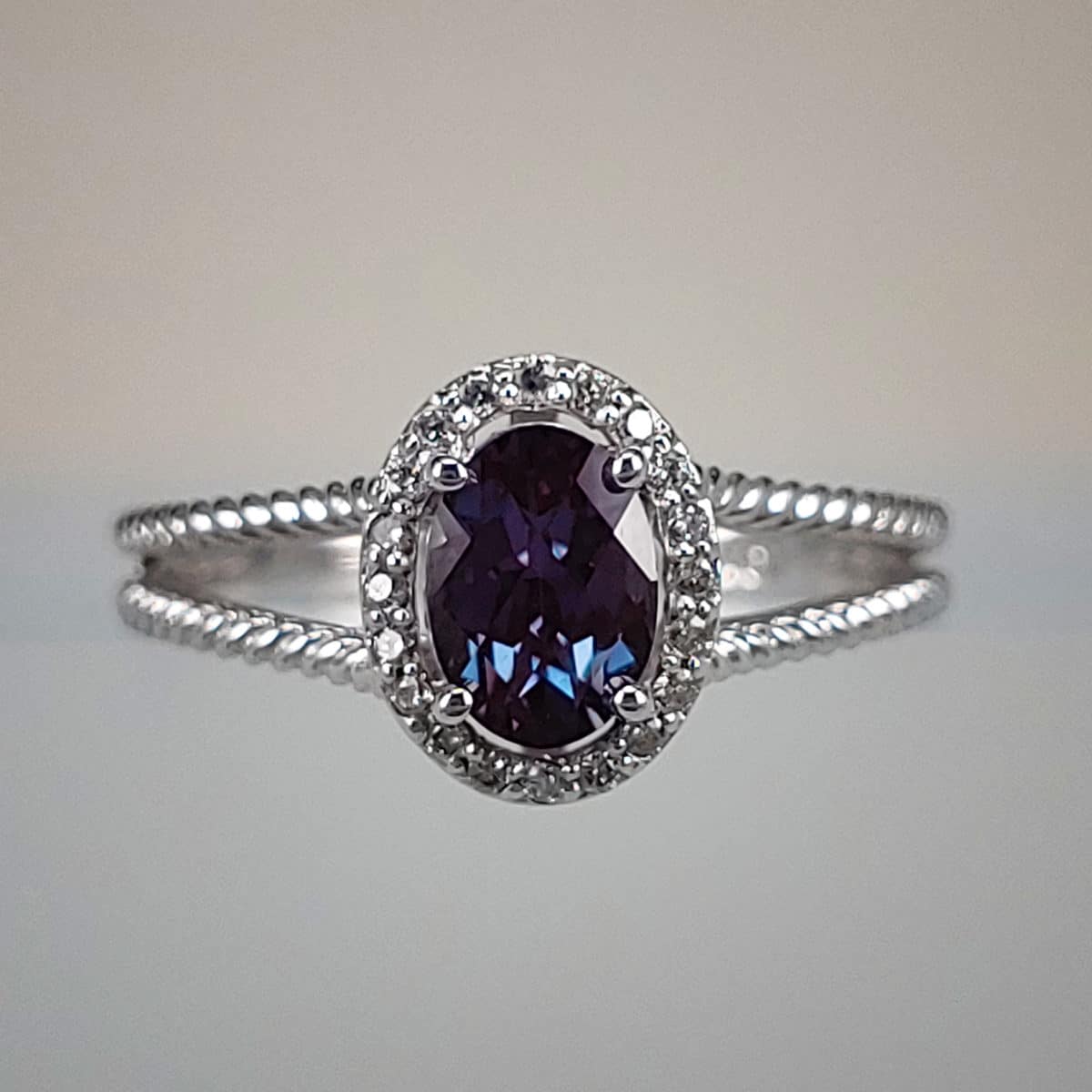10K White Gold Split Shank Alexandrite & Diamond Halo Ring » Middleton ...