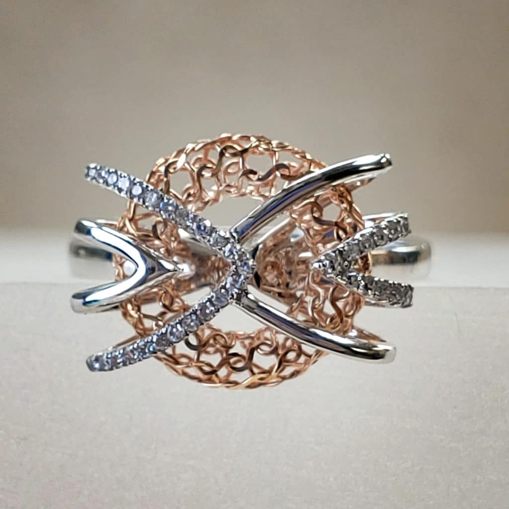 Free-Form Two-Toned 14K White/Rose Gold Mesh Diamond Ring » Middleton ...